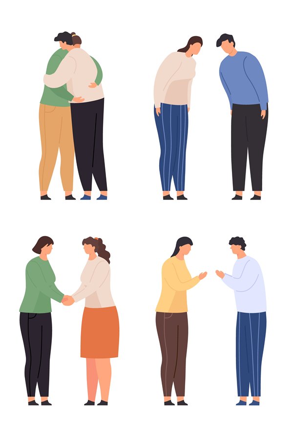 Characters with greeting gestures. People greet with waving,