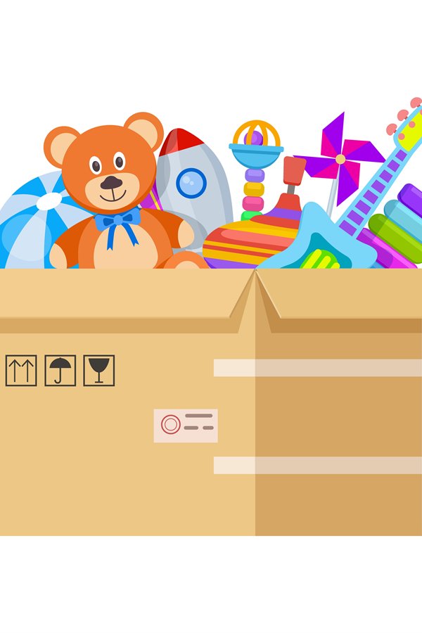 Toy box. Donate toys, charity kids support. Volunteer donati