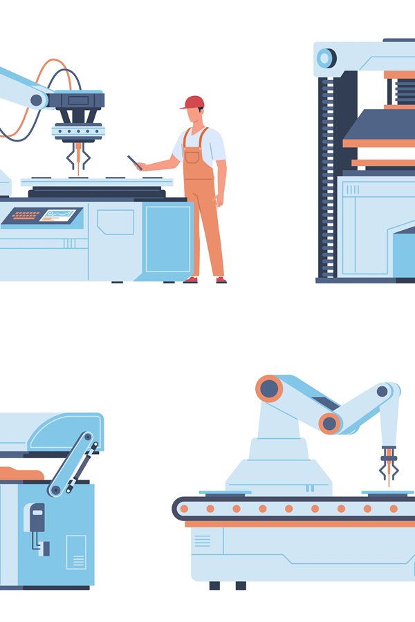 Factory workers people. Industrial machines, electronic manu