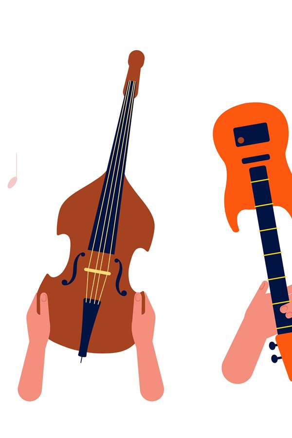 Hands holding music instruments. Guitar, strings and winds m