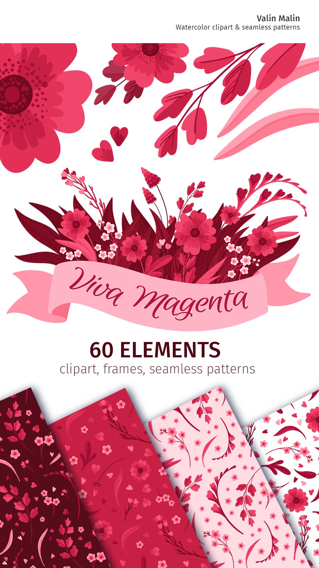 Viva Magenta! Flowers - Clipart, Patterns, Borders, Frames