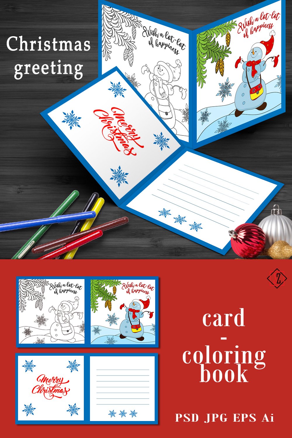 Christmas card/coloring book with snowman