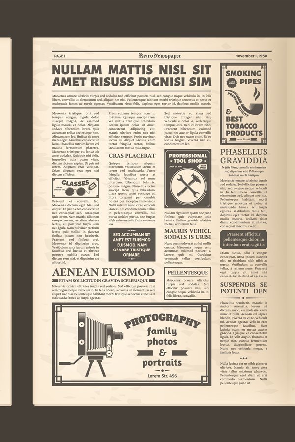 Vintage old newspaper full page, retro spread pages. Retro n