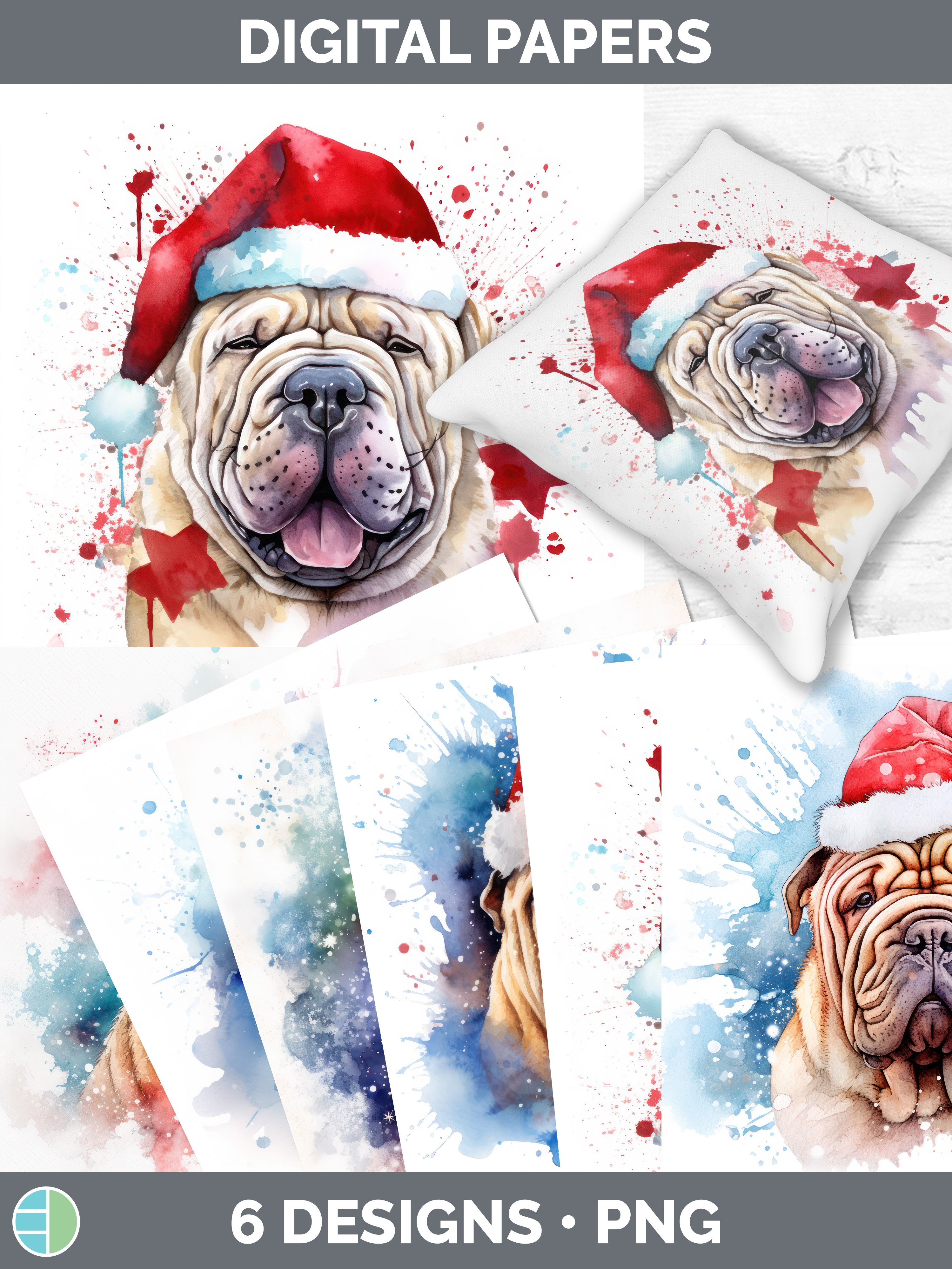 Christmas Santa Hat Shar Pei Dog Paper Backgrounds | Digital