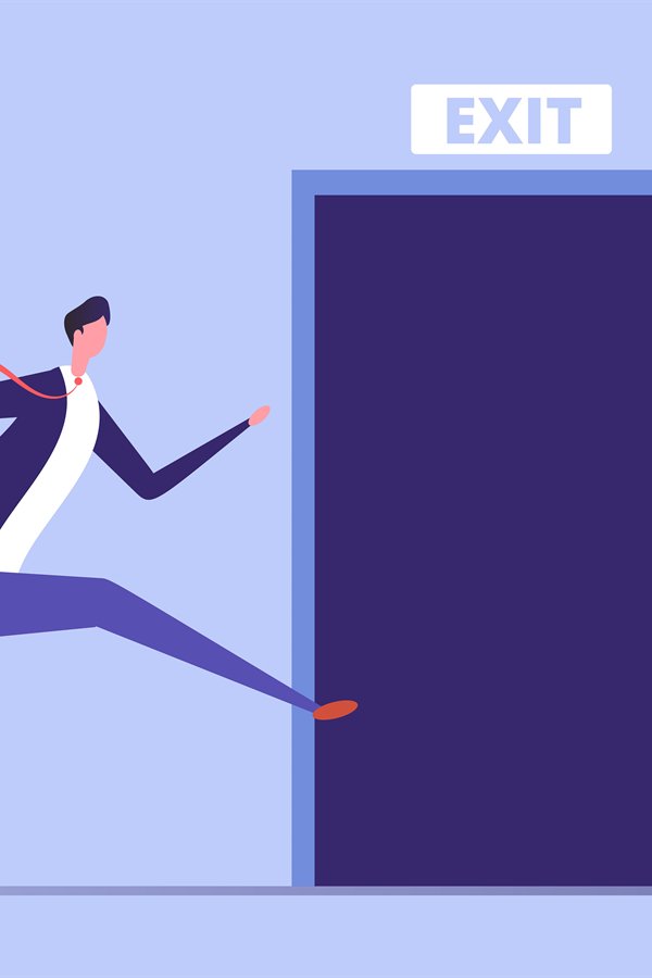 Businessman run to open exit door. Emergency escape and evac