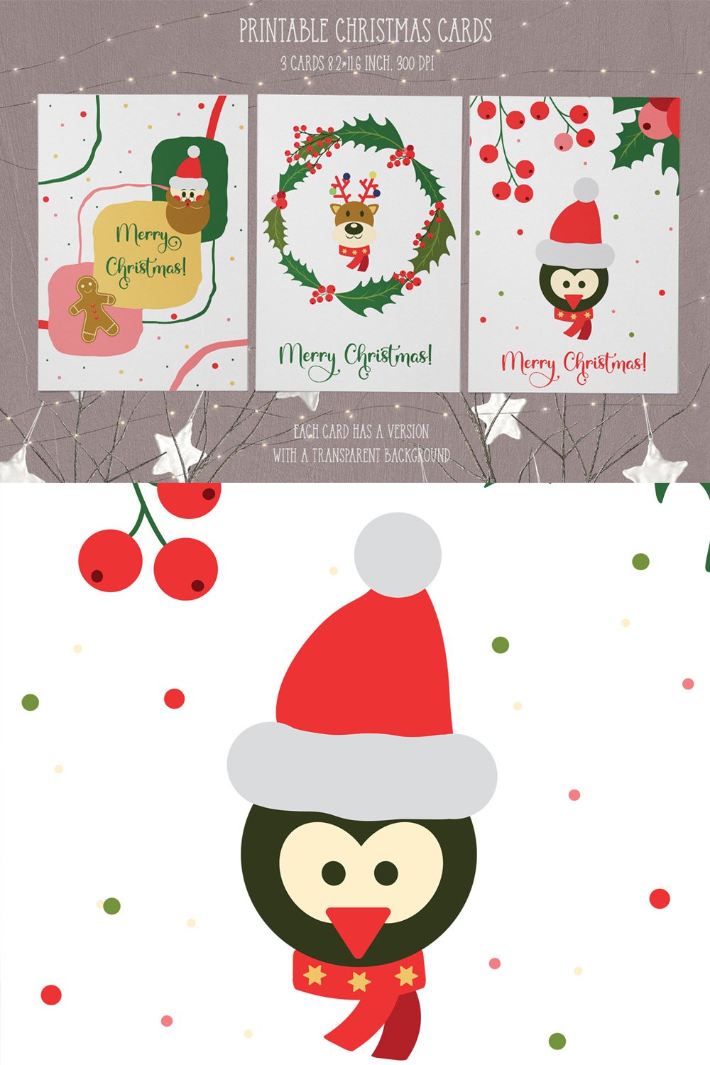 Printable Christmas Cards. Gingerbread Man And Penguin PNG