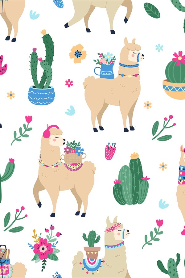 Llama and cactus pattern. Cute seamless hand drawn mexican