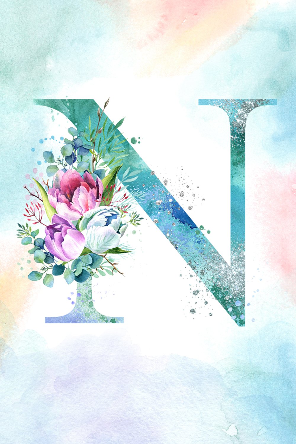 Spring Watercolor Letter. Monogram N. Sublimation Design.