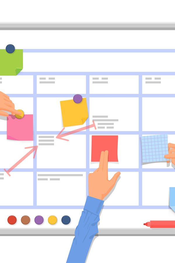 Work planning board. Arm with marker, business project colla