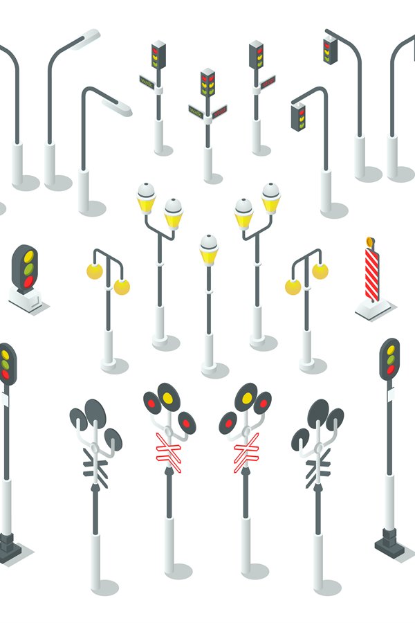 Isometric traffic light, street lamps. Urban vector illustra
