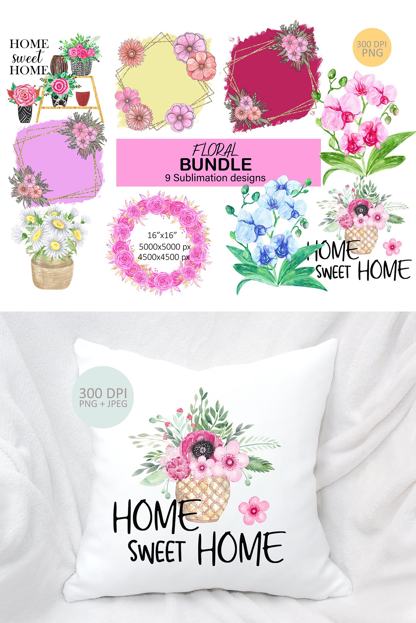 Bundle Floral Sublimation. Watercolor flowers clipart