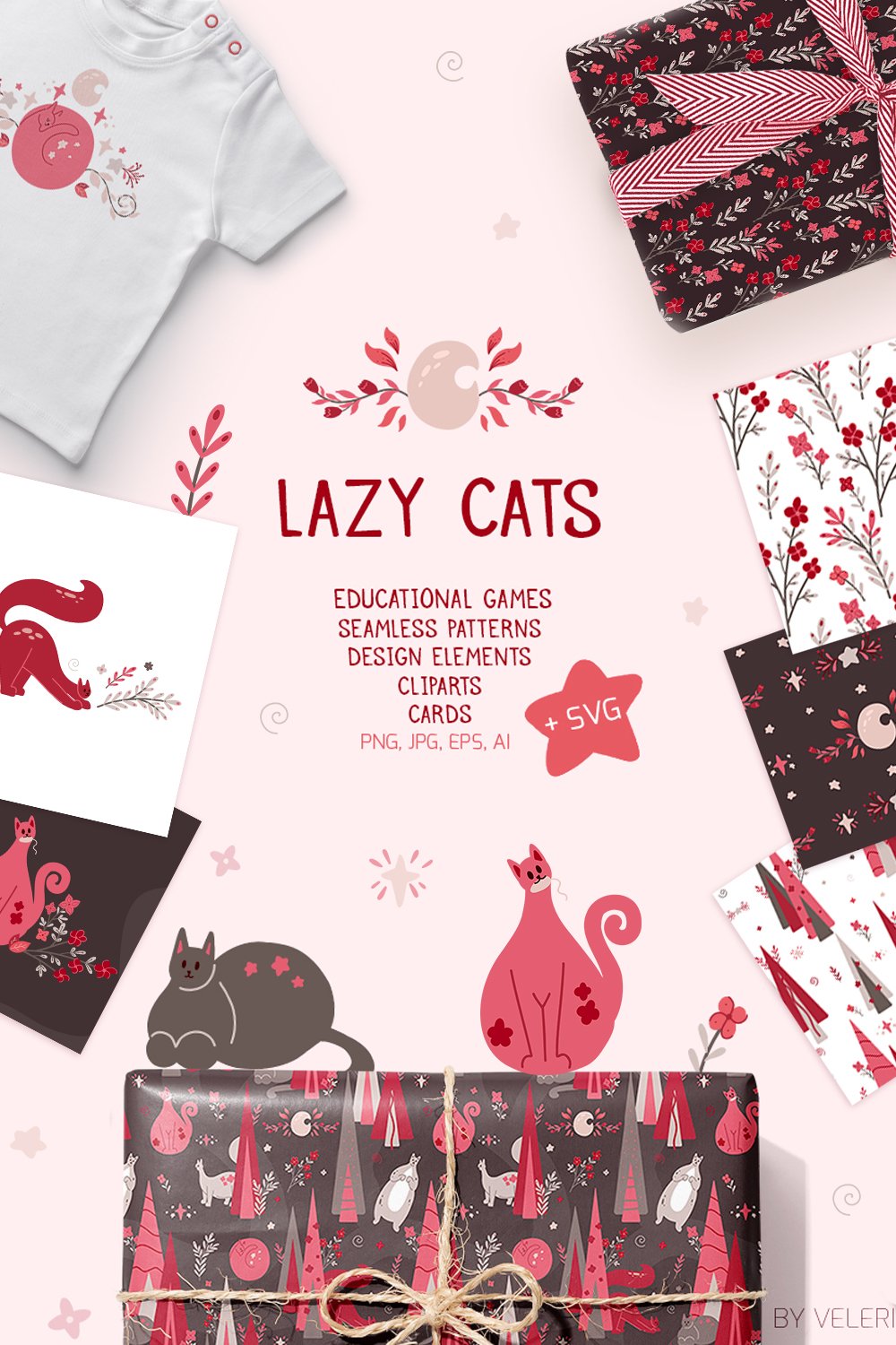 Lazy cats set. Seamless patterns, cards, cliparts and games