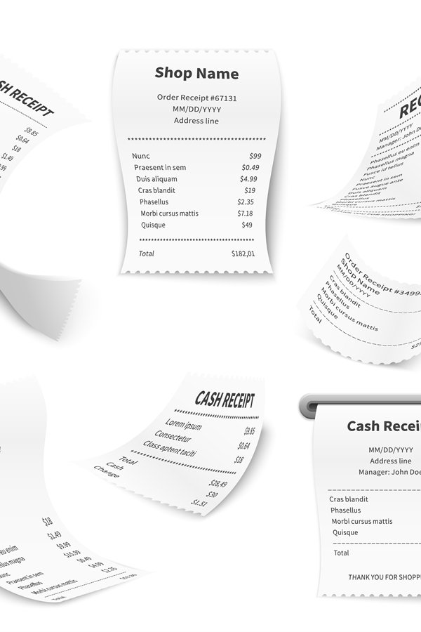Realistic cash register score. Financial document printed on