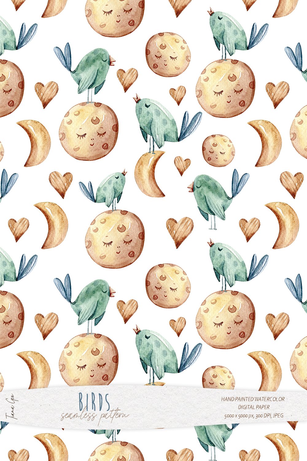 Watercolor cute birds seamless patterns. Digital paper pack