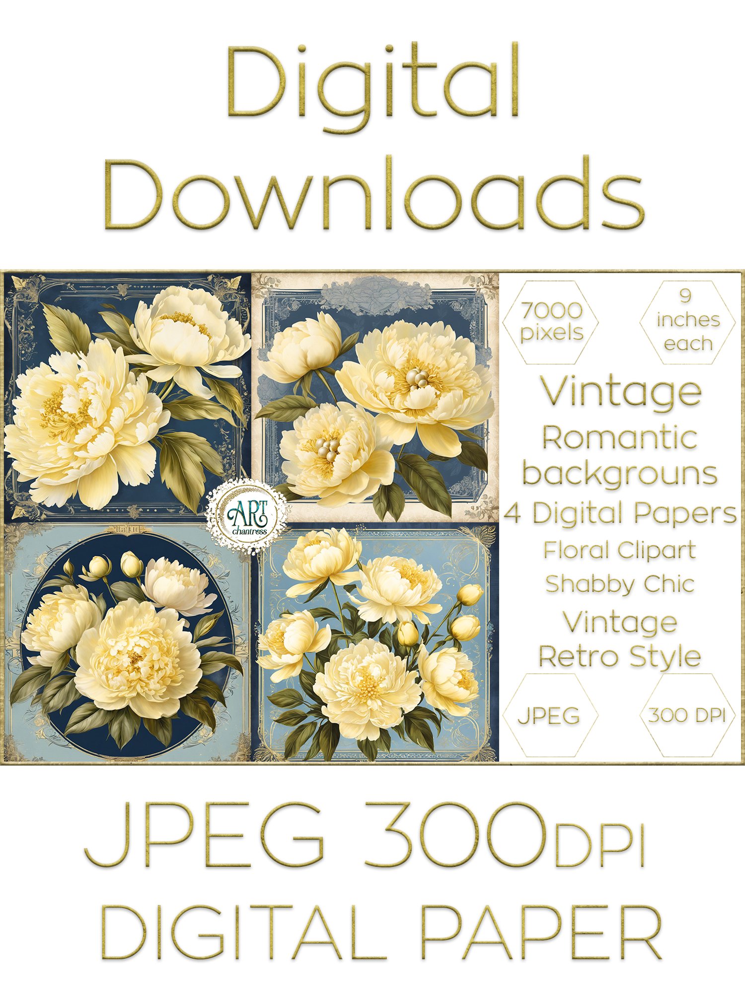 Vintage Floral Yellow Navy Blue Romantic Retro Digital Paper