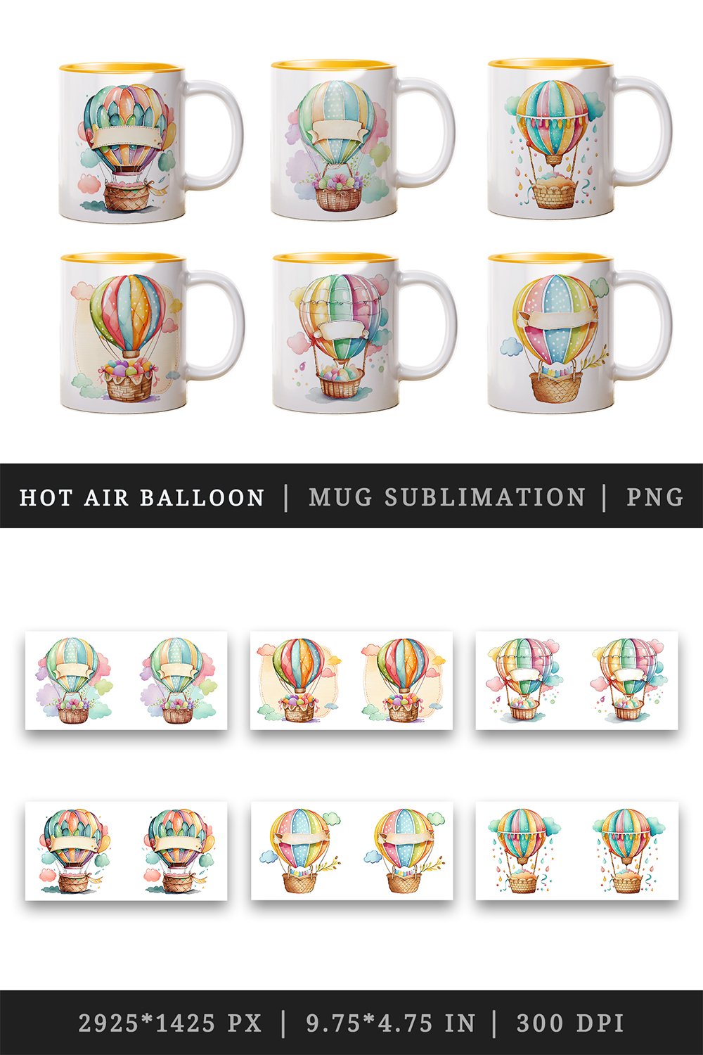 Hot air balloon mug, cup wrap sublimation design bundle