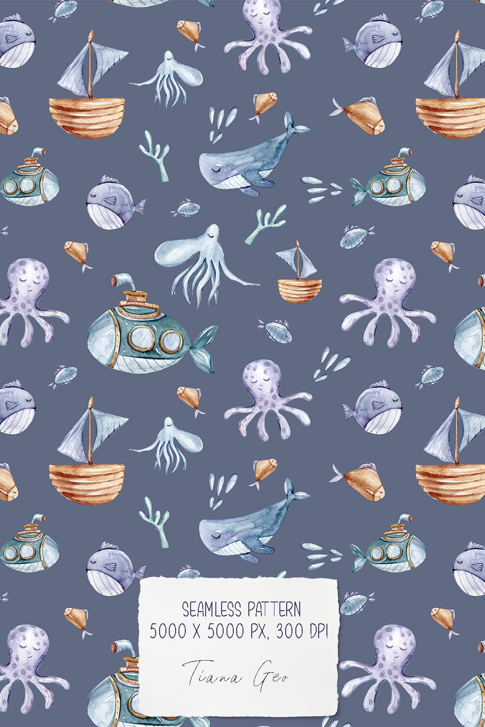 Watercolor ocean kids seamless patterns. Digital paper pack