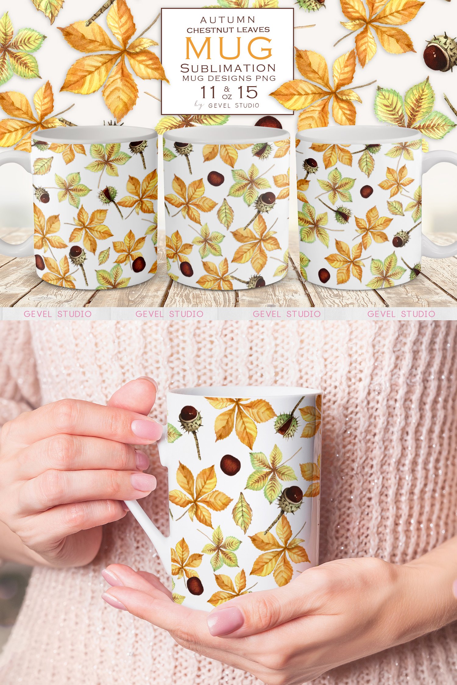 Fall Mug Wrap Sublimation Design | Autumn Leaves Background