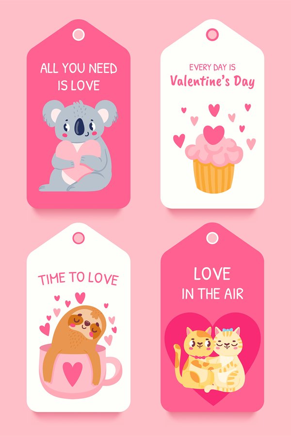 Valentines gift tags with animals. Dinosaur, koala with hear