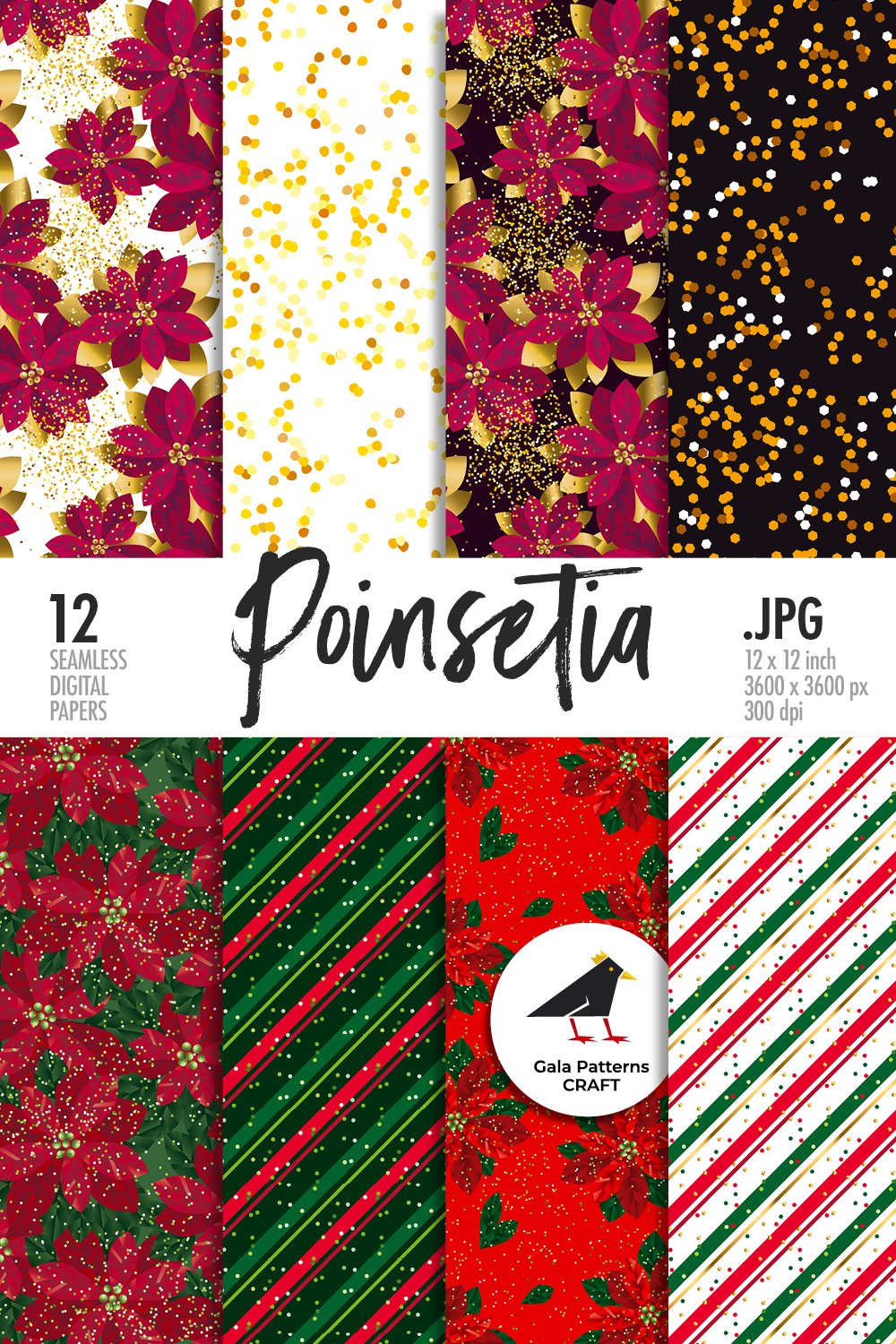 Christmas Poinsettia Digital Paper| Xmas Seamless Pattern
