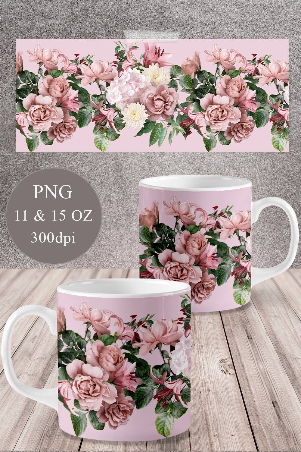 Floral Mug Sublimation. Pink Roses Mug Wrap. (1757716)