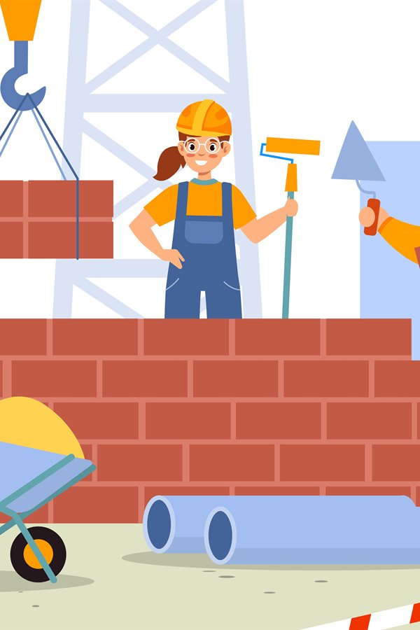 Children build house. Kids construction site, happy boys and