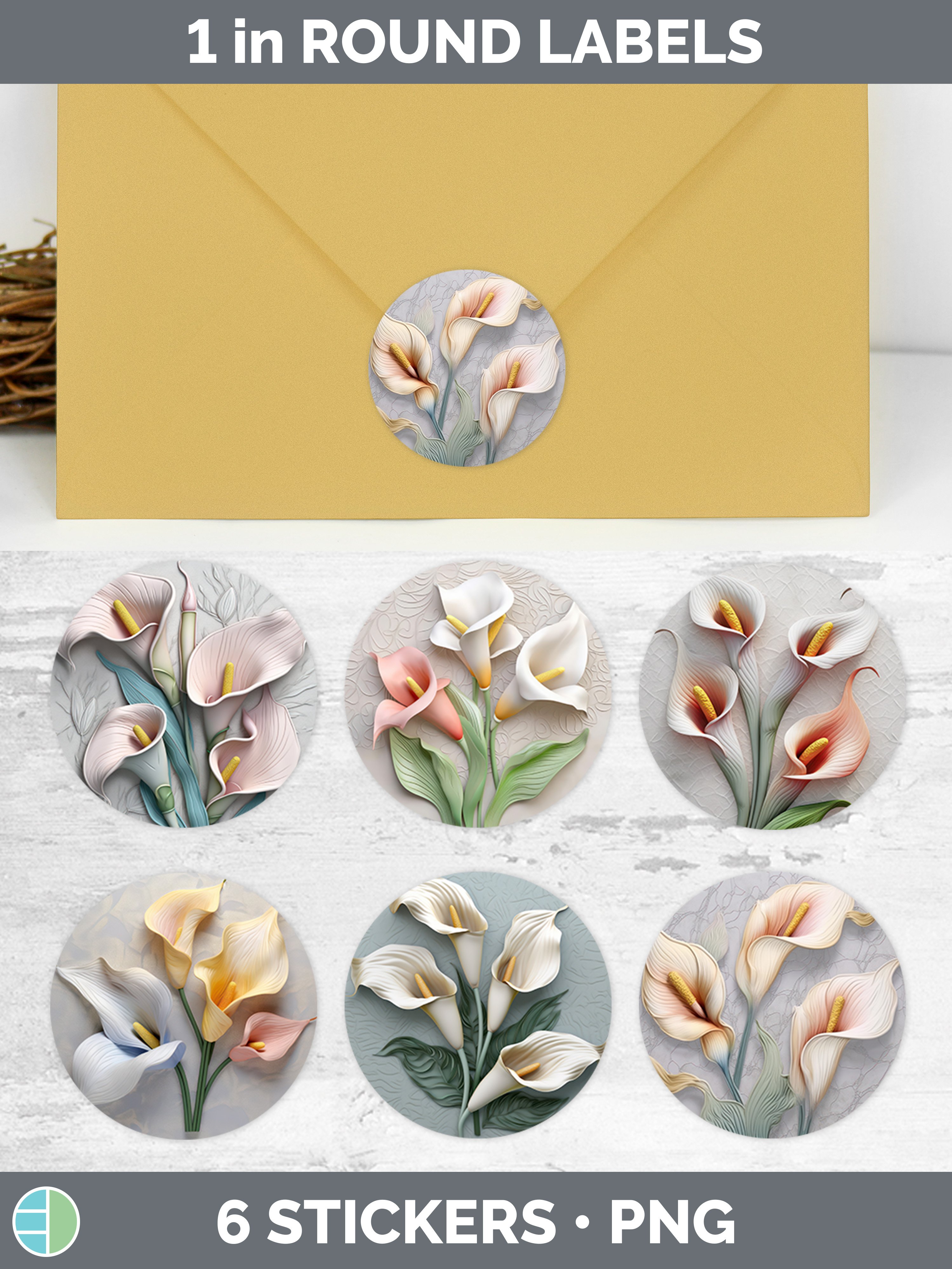 3D Calla Lily Flowers Stickers | Round Labels Designs Bundle