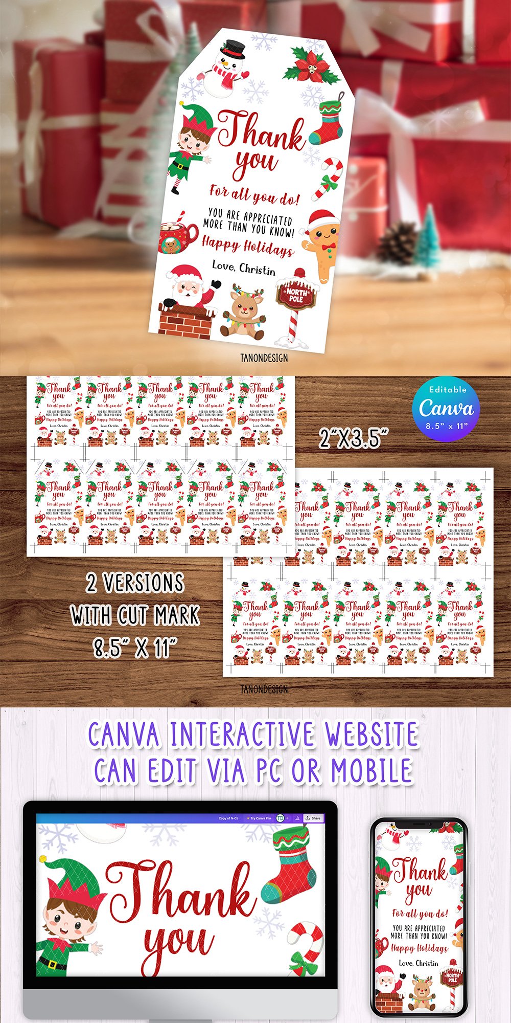 Merry Christmas Gift Tag Printable, Christmas Thank you card