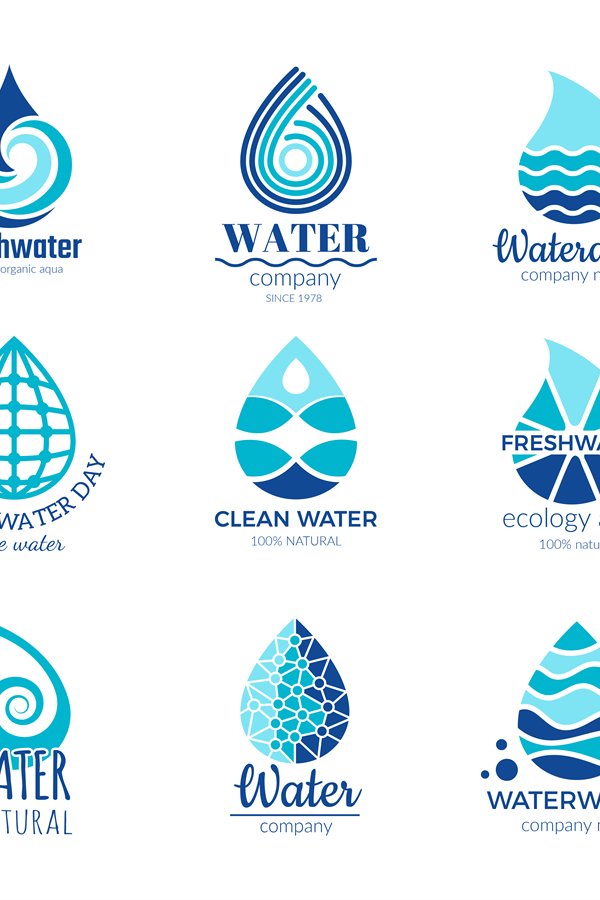 Water logos. Aqua water drops and splashes silhouette health