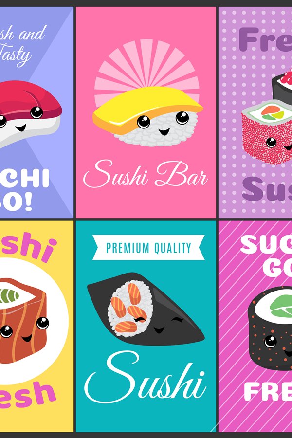 Vintage sushi vector posters in japan comic style
