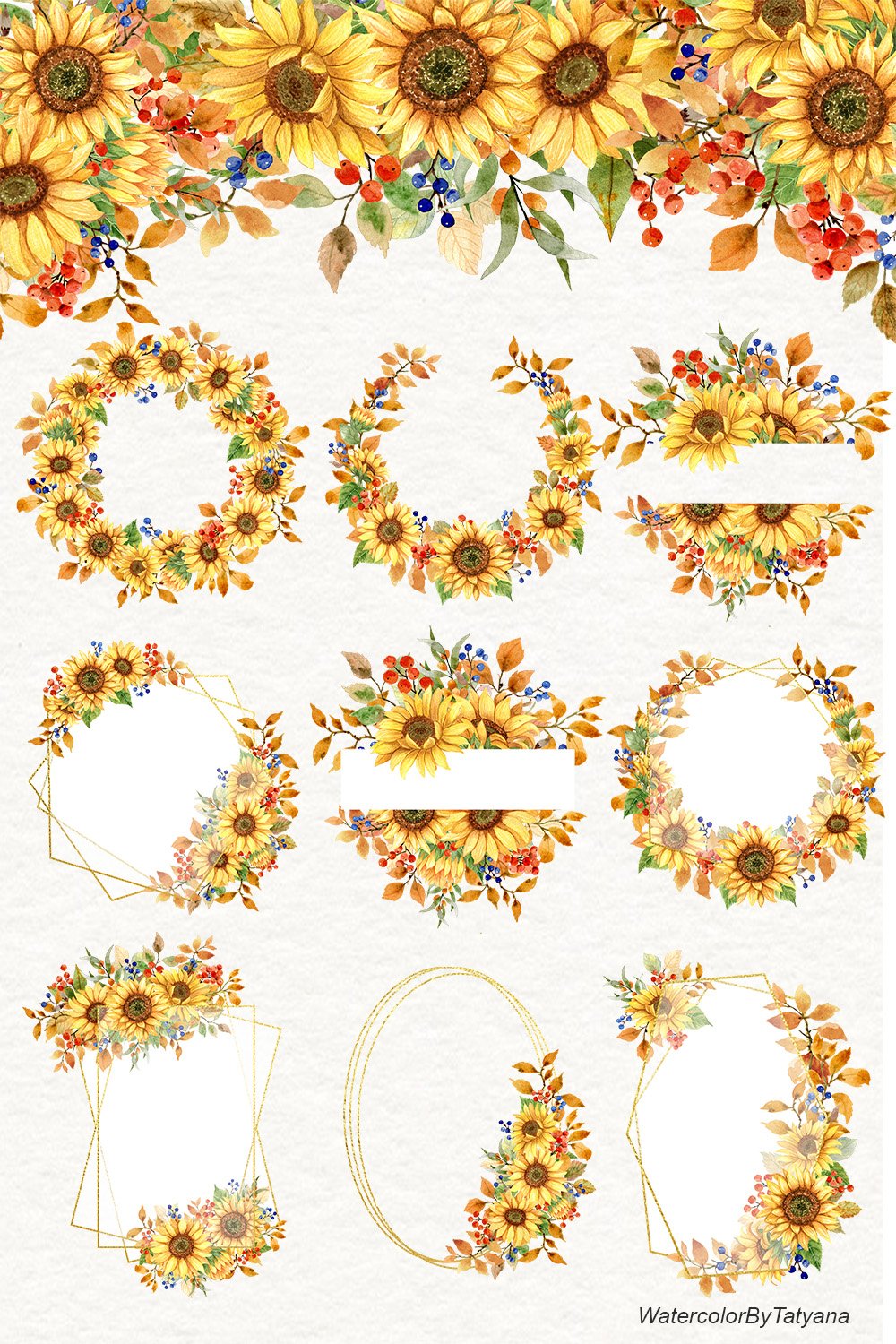 Bright watercolor autumn frames and wreaths with sunflowers