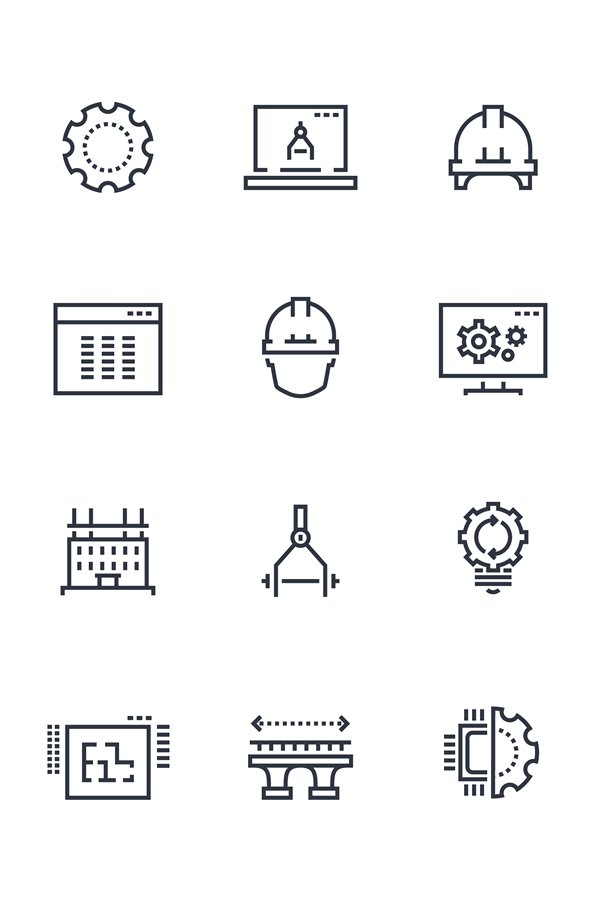 Engineering line icons. Work project, mechanical and electri