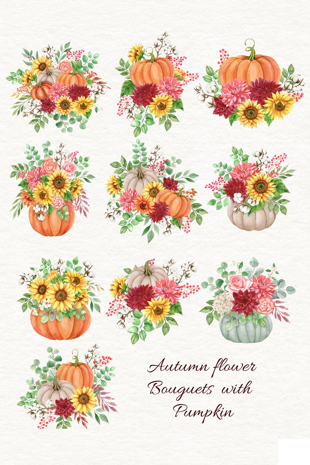 Autumn flower bouquets with pumpkin. Watercolor clipart.
