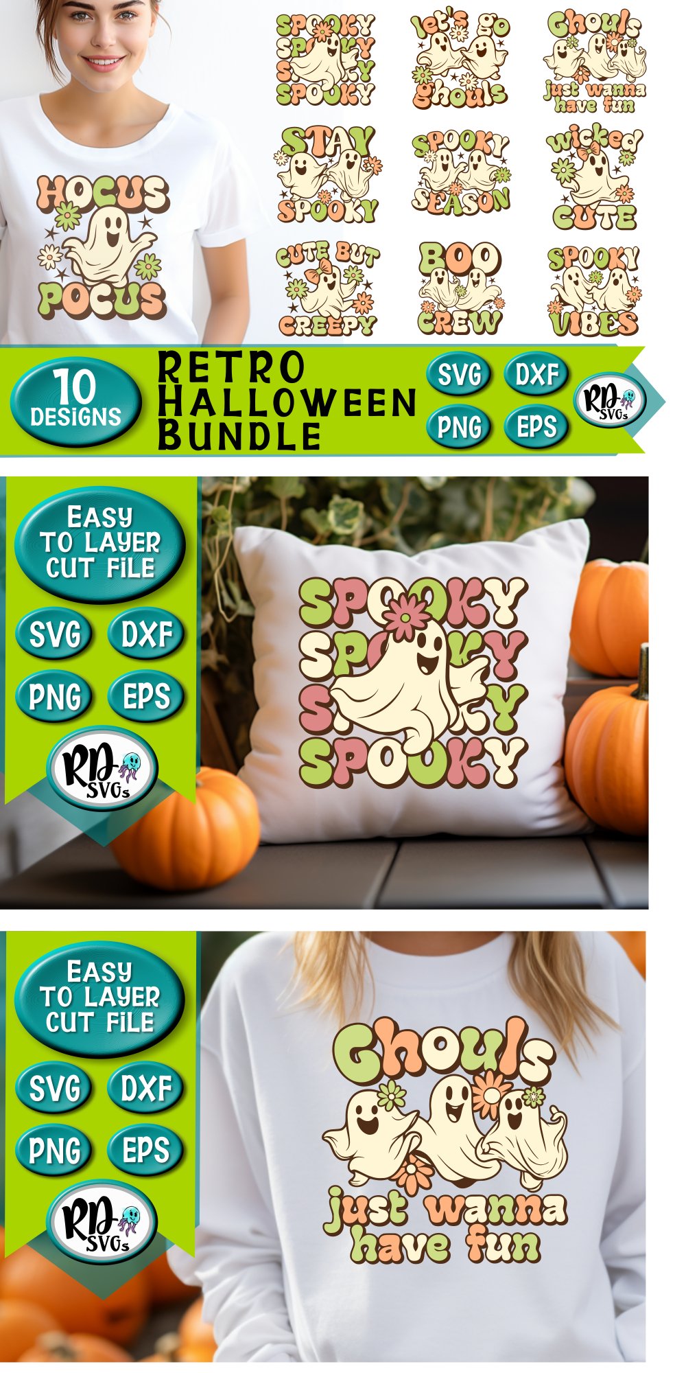 Retro Halloween Bundle With Ghosts and Flowers