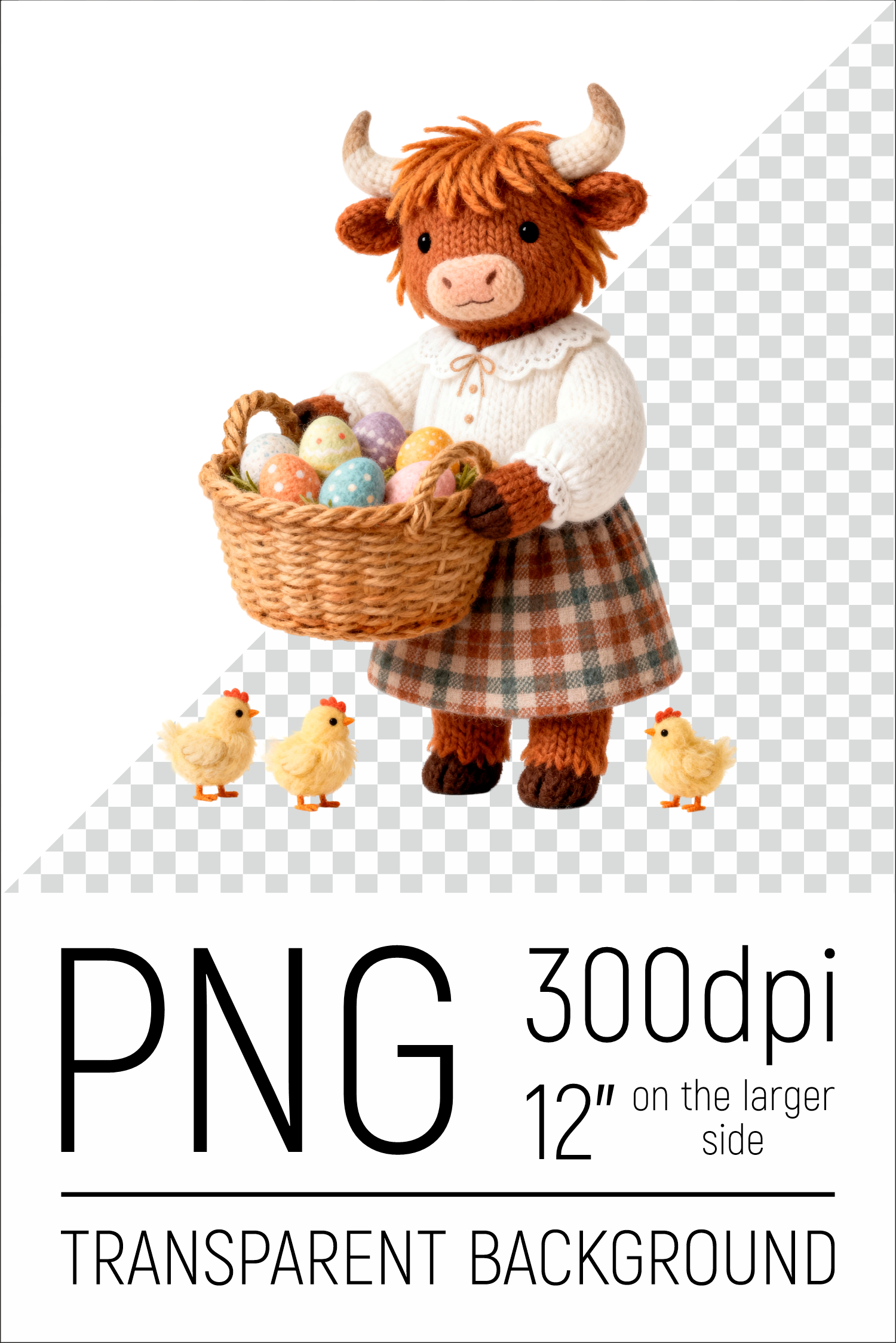 Knitted Cow with Easter Basket and Chicks Clipart