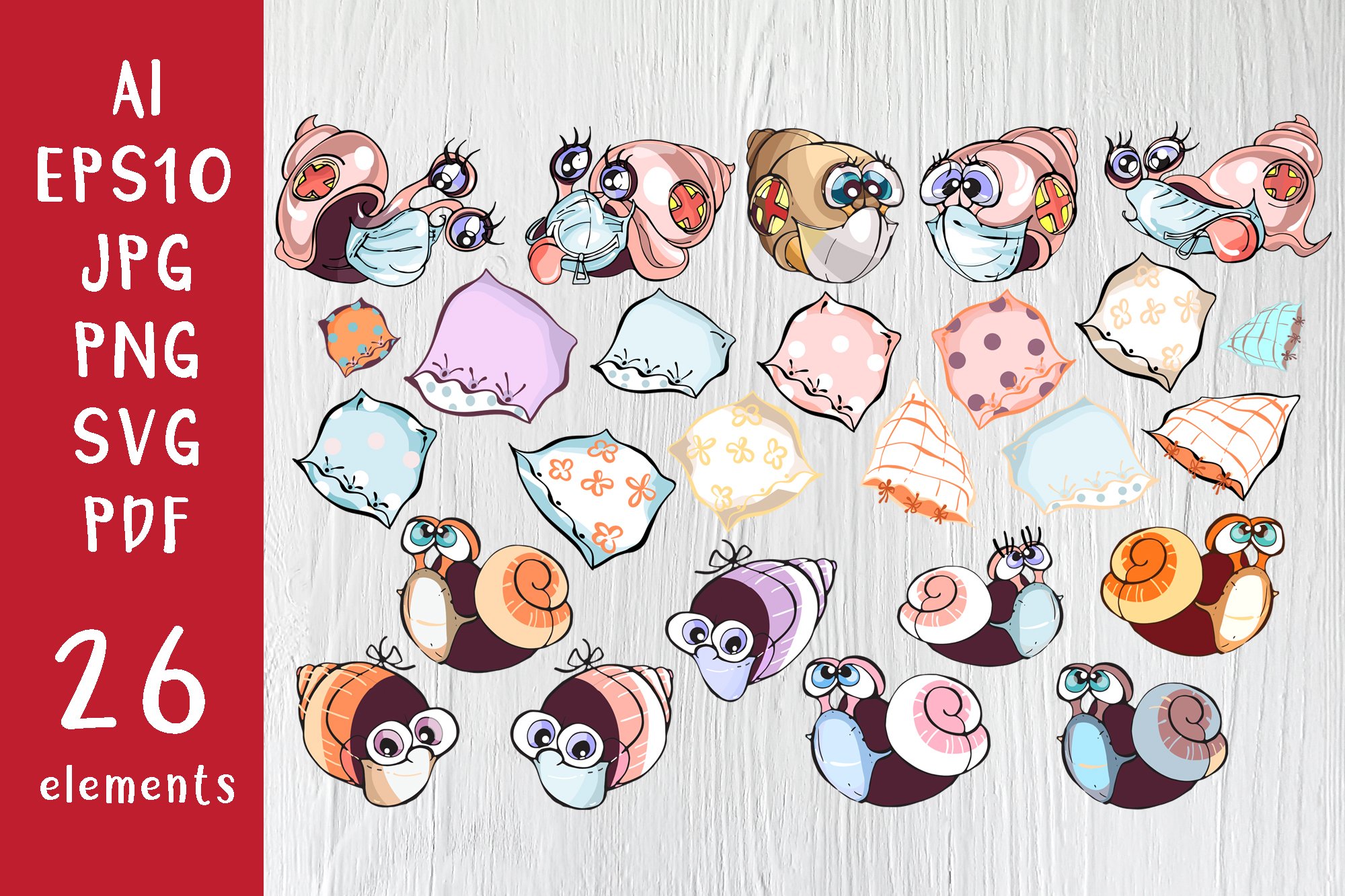 Cute little snails in masks. Healthcare characters