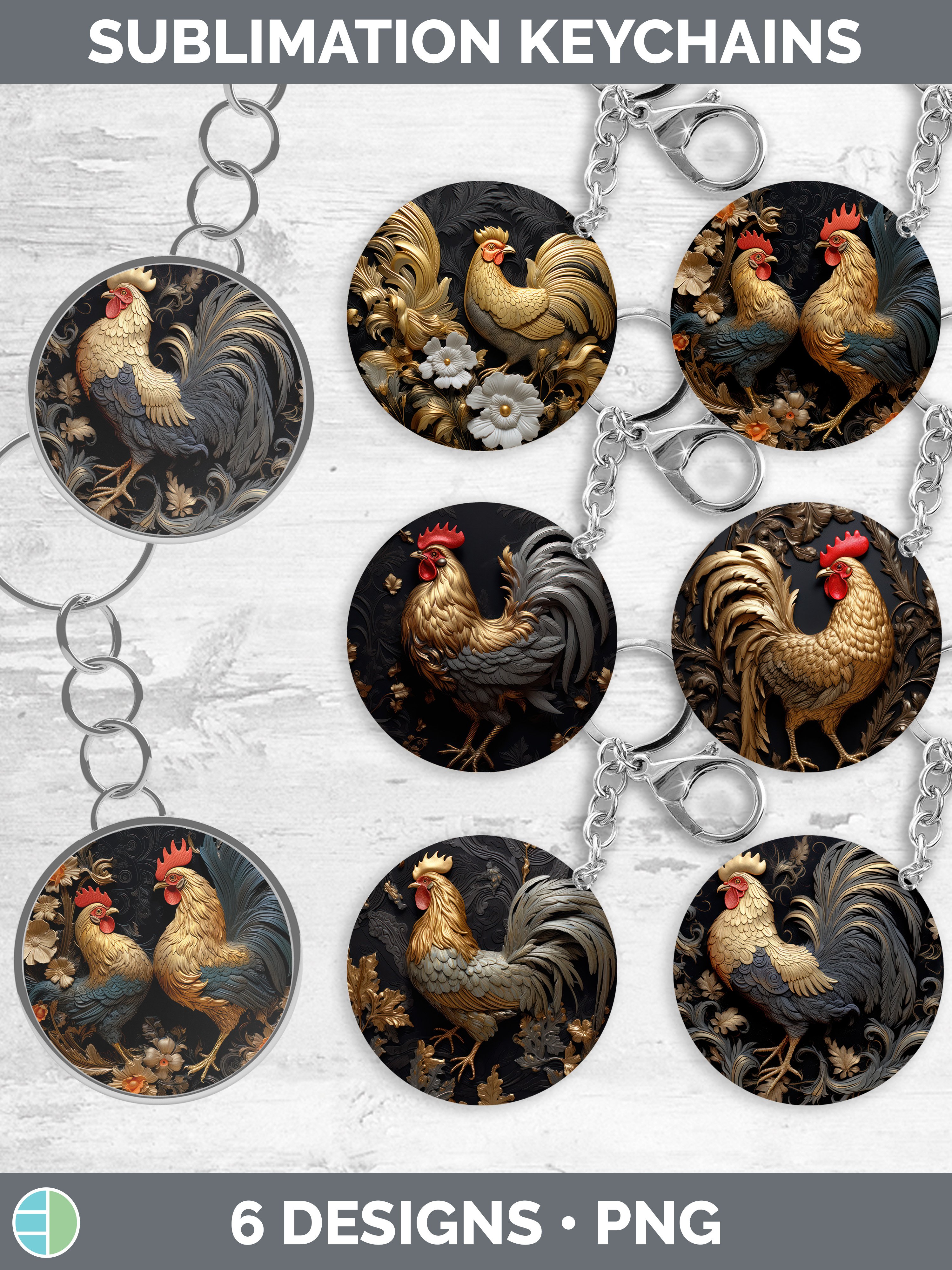 3D Black and Gold Chicken Keychain | Sublimation Keyring Des