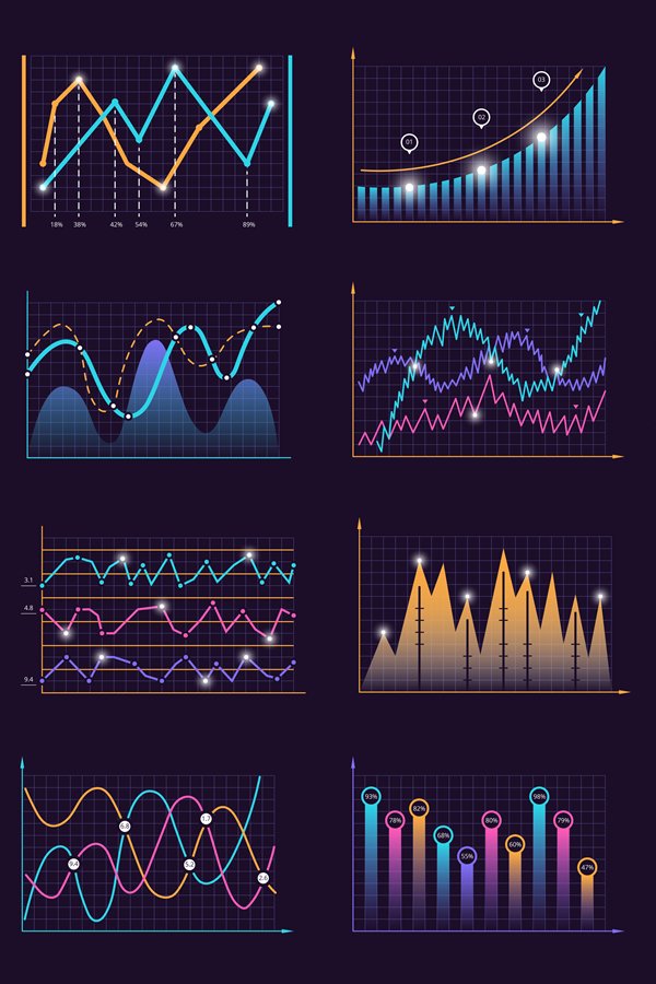 Line charts curves. Vector growth business graphic info vert
