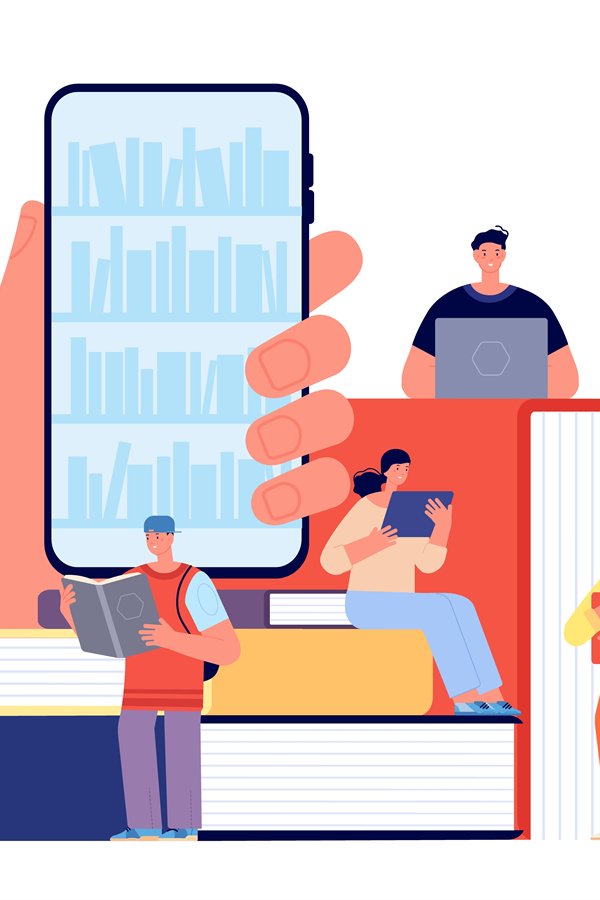 Digital library concept. Young people read, flat student wit