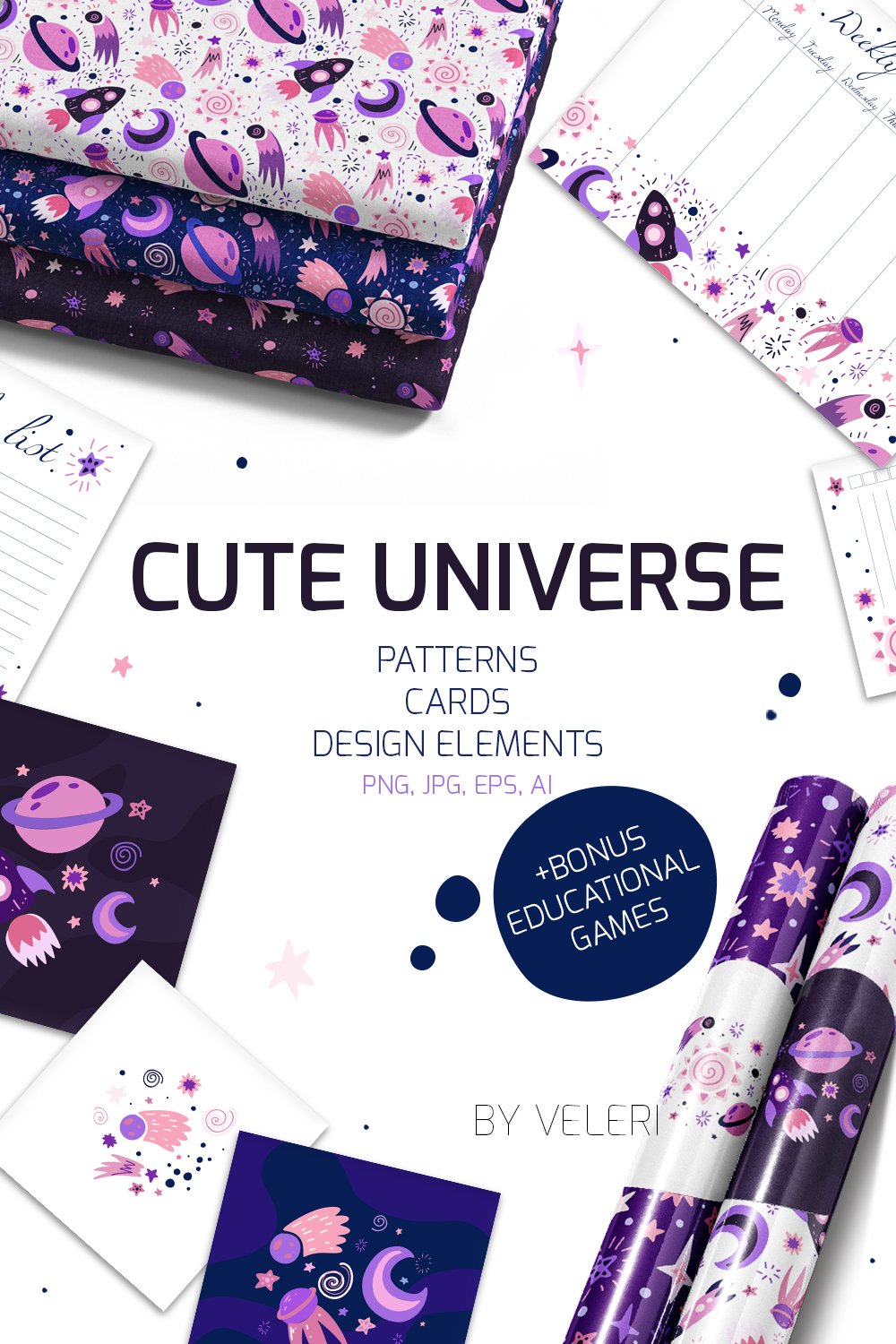 Vector set Cute universe - patterns, cards and cliparts