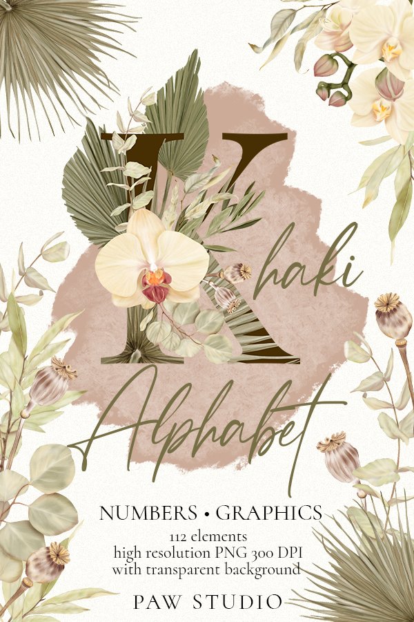 Boho Alphabet Numbers Graphics With Orchid, Dried Leaves