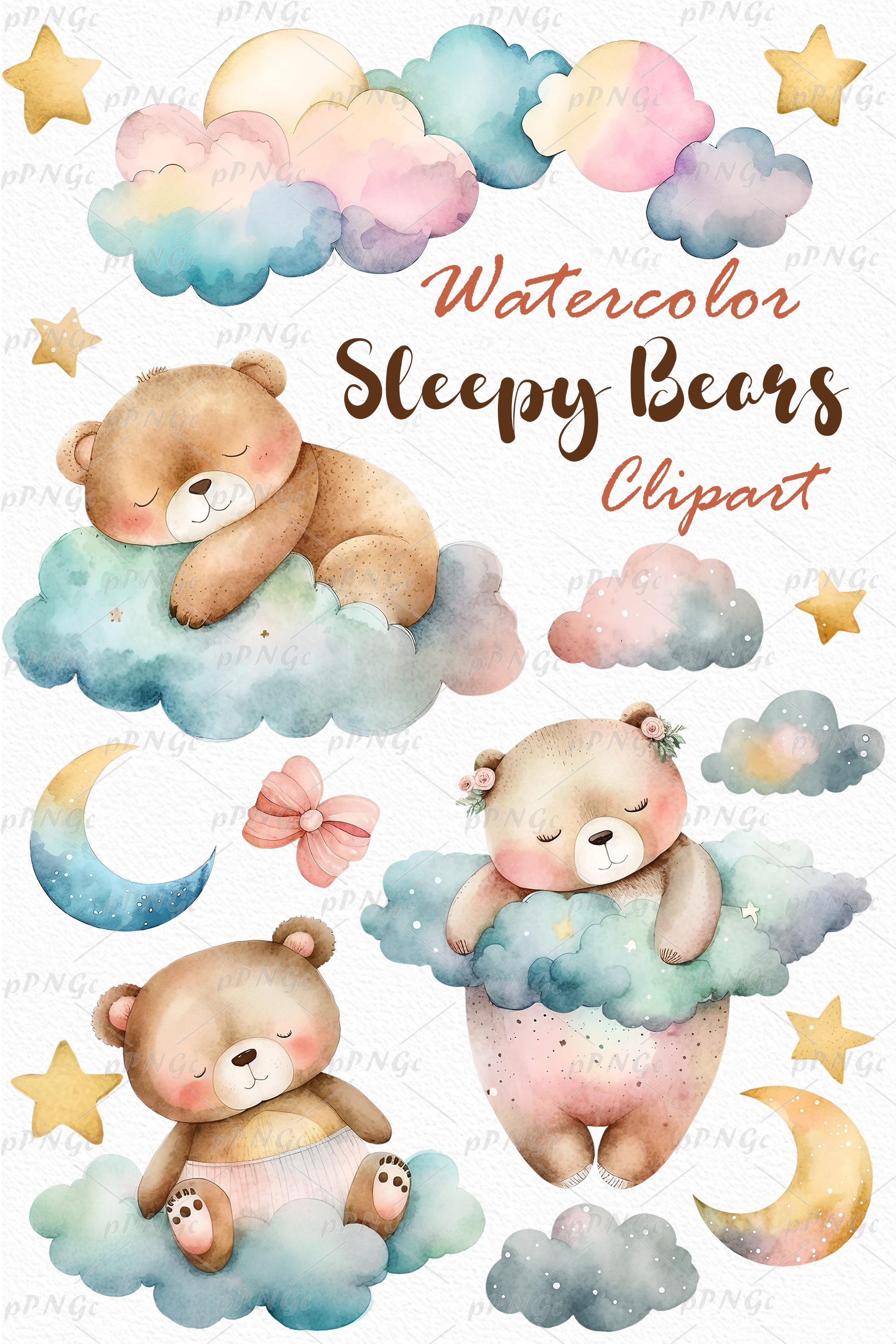 Watercolor cute bears sleeping on clouds clipart