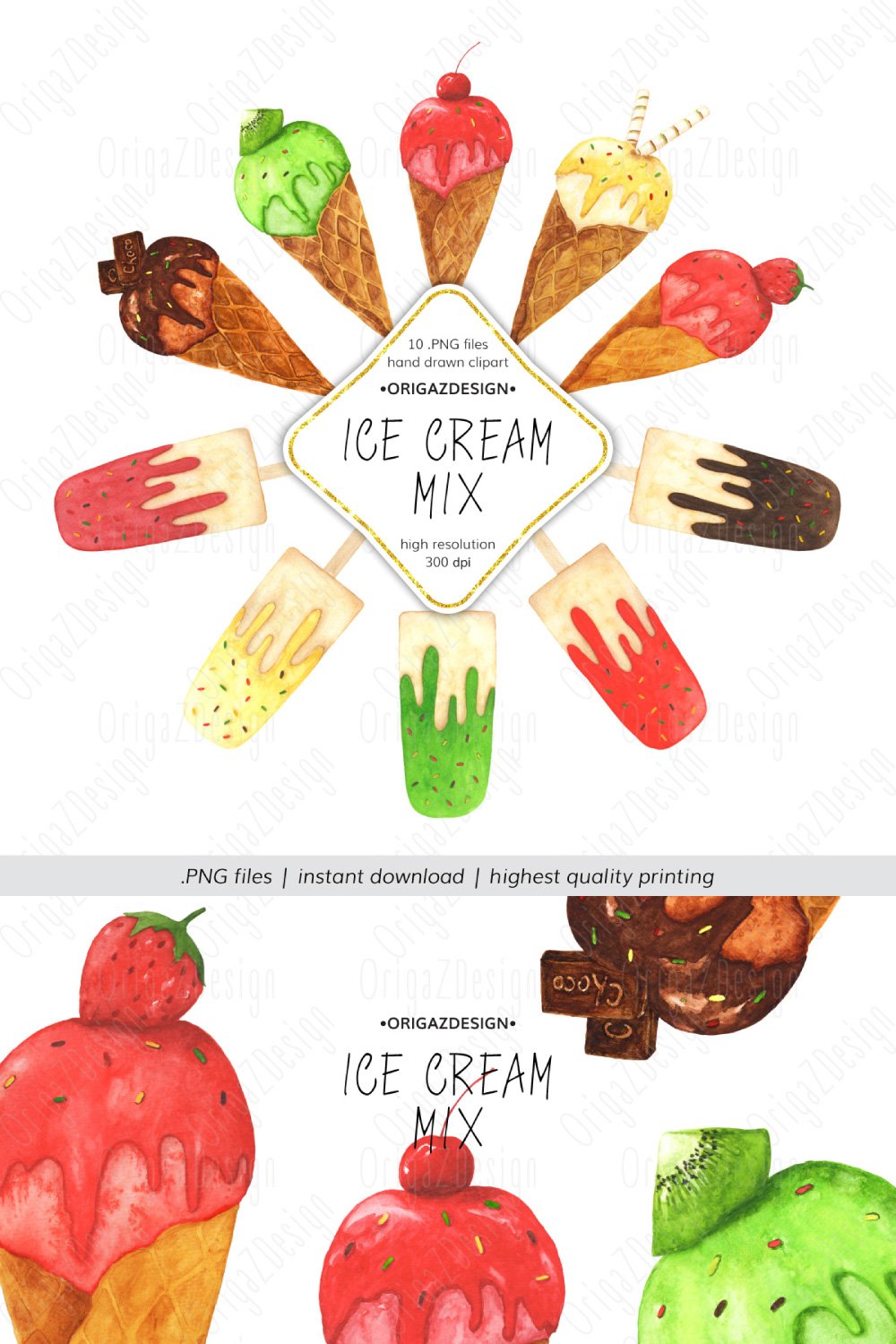 Watercolor Ice Cream Cone Clipart set PNG