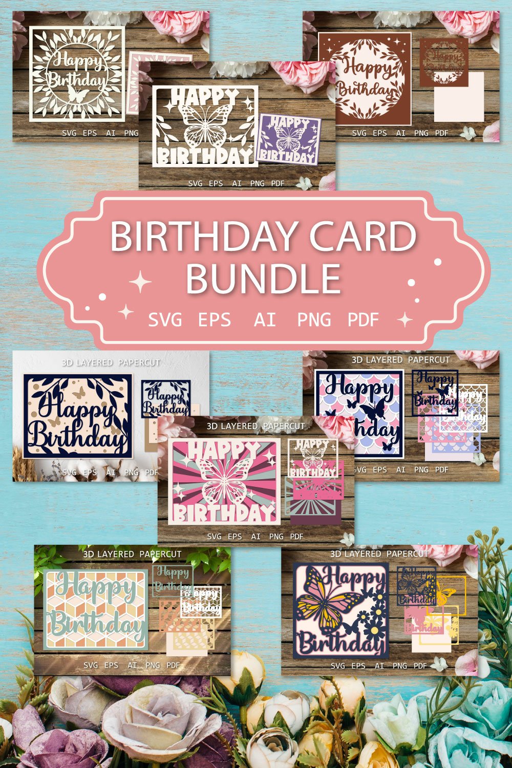 Birthday cards Bundle, Paper cut greeting cards Birthday SVG