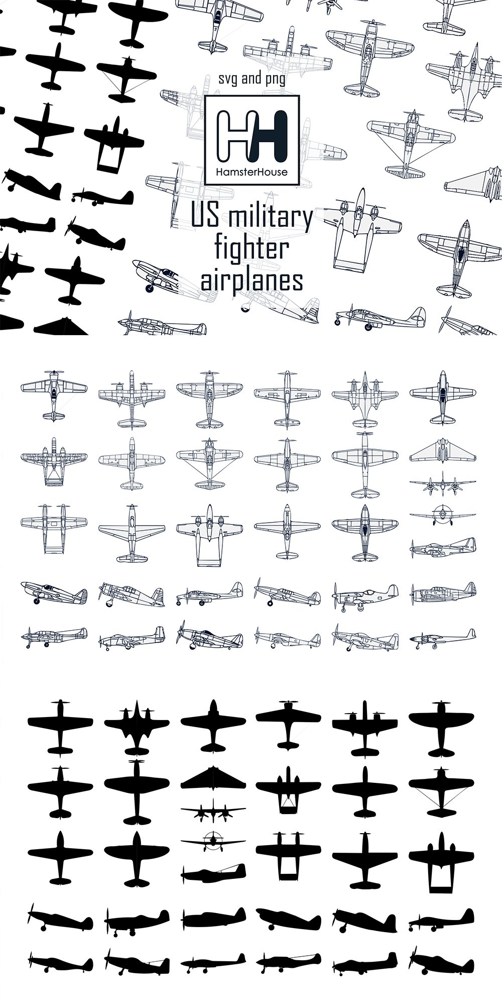 32 types US military fighter airplanes, svg and png