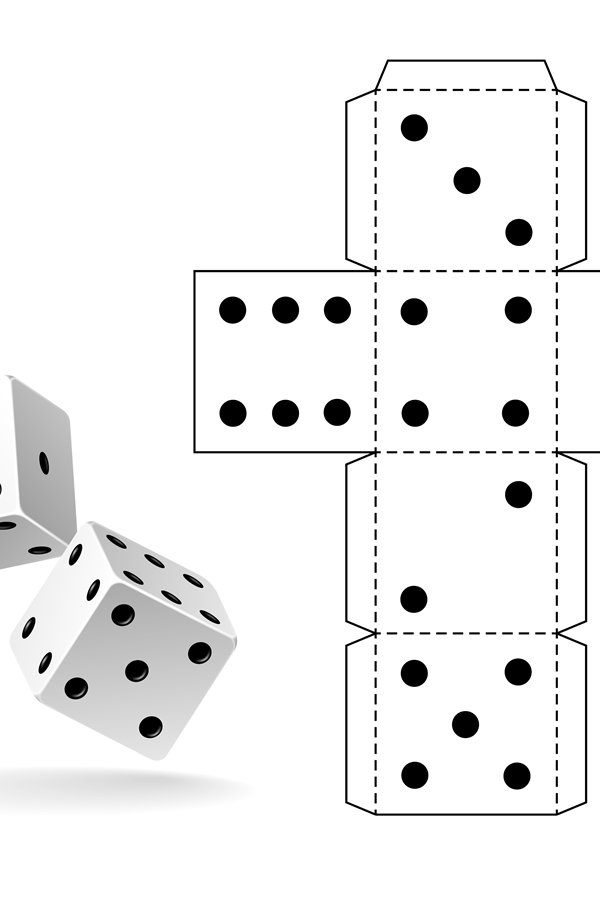Casino dice. Paper cut out cube geometry, layout white dice