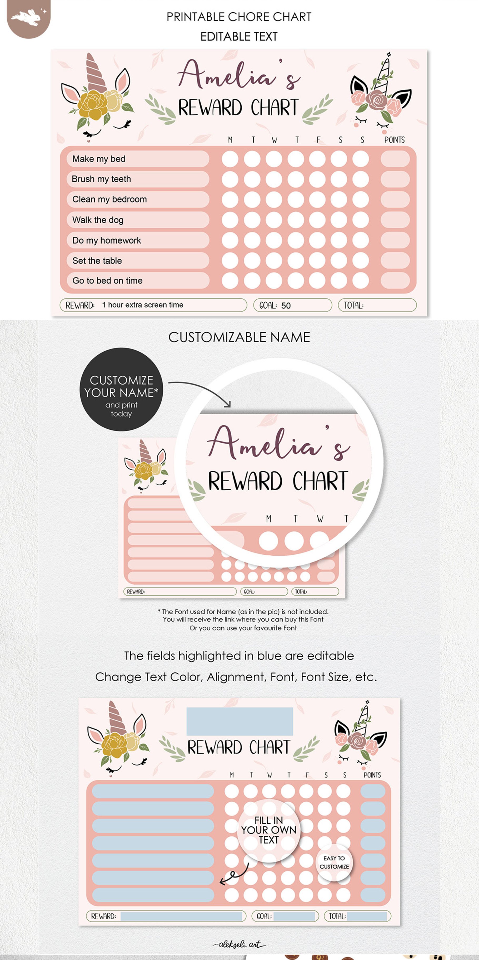 Unicorns Weekly Chore Chart, Editable PDF Kids Chore Chart