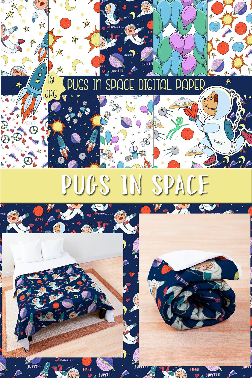 Space digital paper with cute pugs and planets, 10 sheets