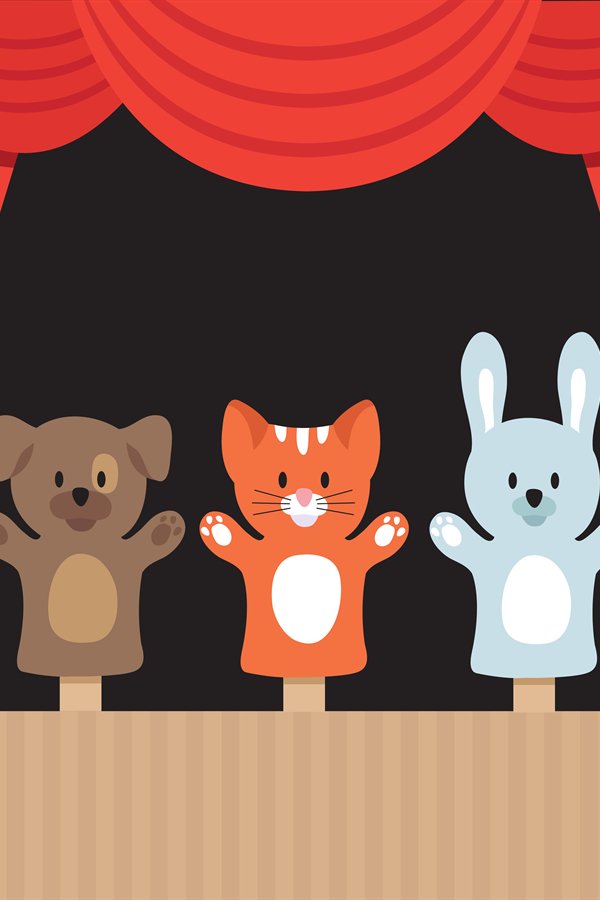 Childrens puppet theater scene with cute animals and red cur