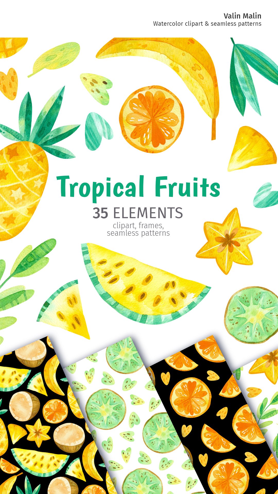 Tropical Fruits Clipart, Seamless Patterns, Frames